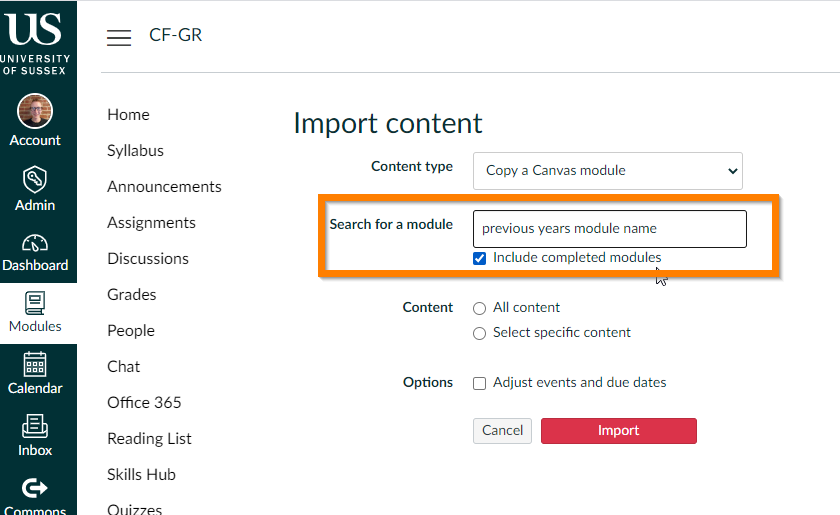 Importing Content From Previous Modules Canvas Module Setup