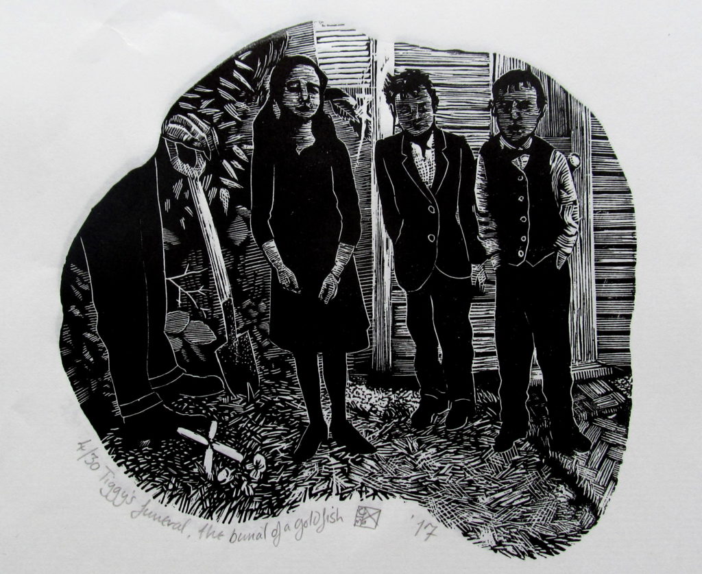 Chris Pig, Tiggy’s Funeral (wood engraving) – Woodpeckings